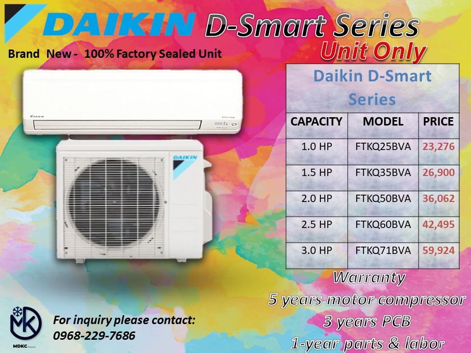 DAIKIN SPLIT TYPE AIRCON D-SMART INVERTER 1.0 HP 1.5 HP 2.0 HP 2.5 HP 3 ...