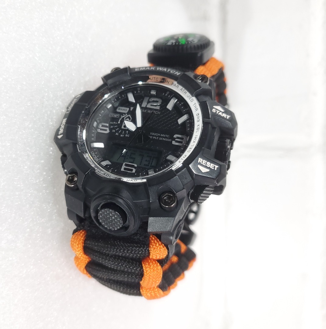 EMAK Adventure 7 合 1 30M防水模擬和數字手錶連軍用指南針（迷彩錶帶橙色內襯圖案） rteckp EMAK ...