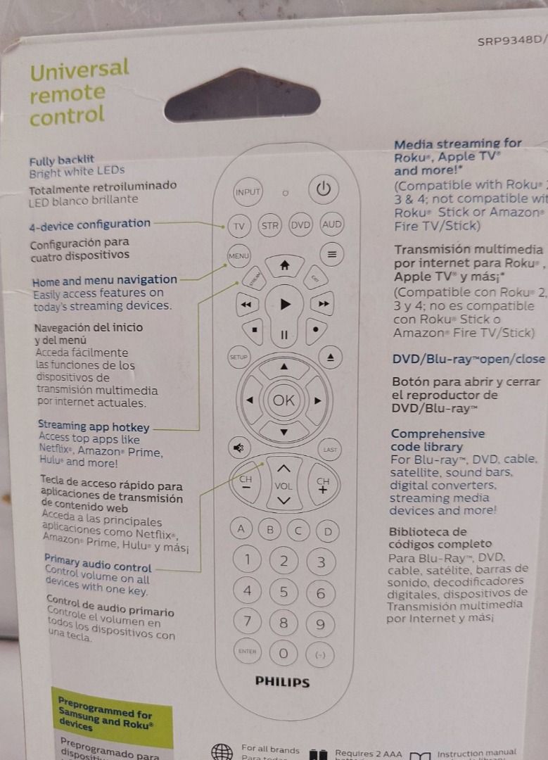 Philips Universal Remote Control 4-Device Backlit NewUSA, TV & Home ...