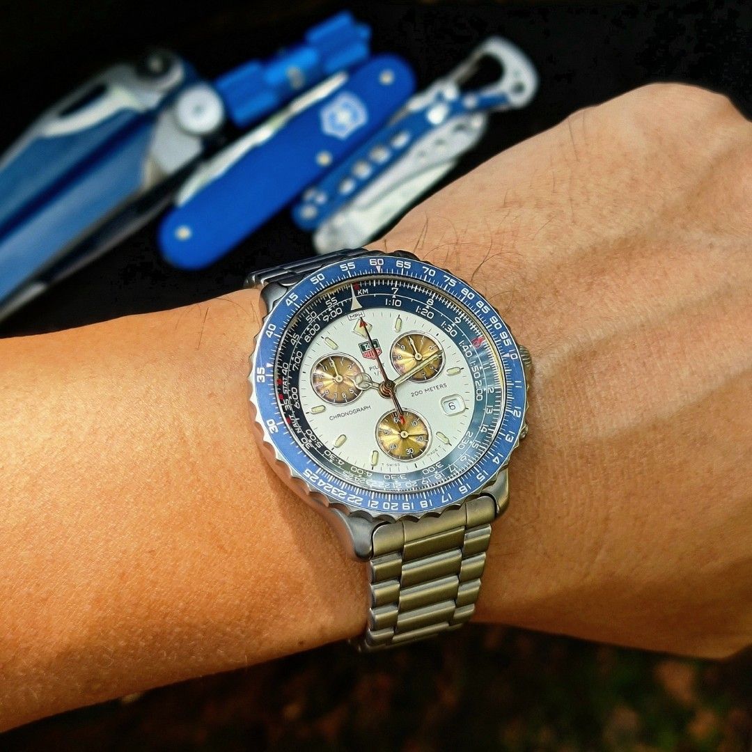 Tag Heuer Pilot chronograph Quartz Blue sliderule Bezel white gold ...