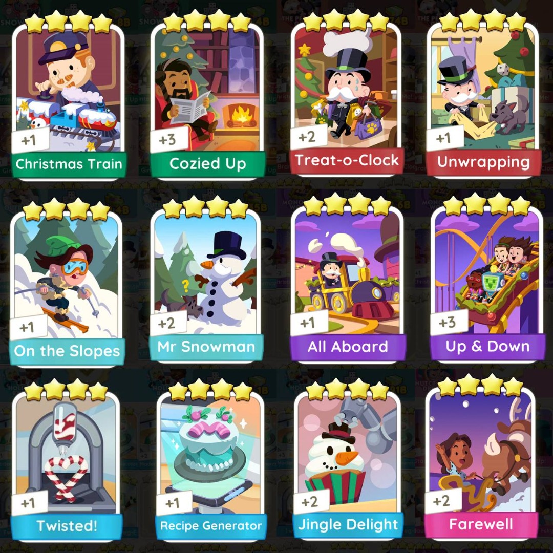 4 stars stickers Monopoly Go (Christmas Train, Cozies up, Treat-O-Clock ...