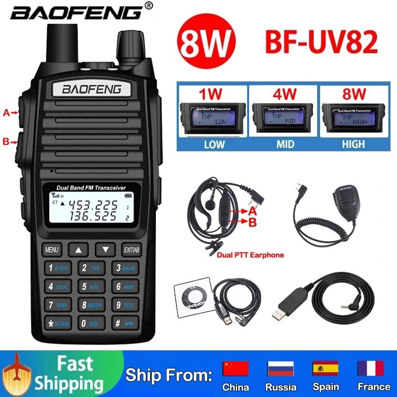 Baofeng Real 8W Portable Radio Walkie Talkie UV-82 Dual PTT Two-way Radio Vhf Uhf Amateur Radio ...