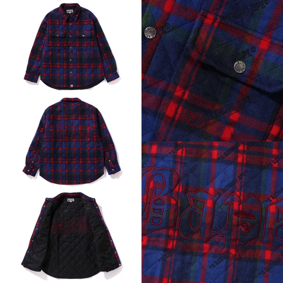 BAPE A BATHING APE LOGO CHECK PATTERN PADDED FLANNEL SHIRT JACKET, Men ...