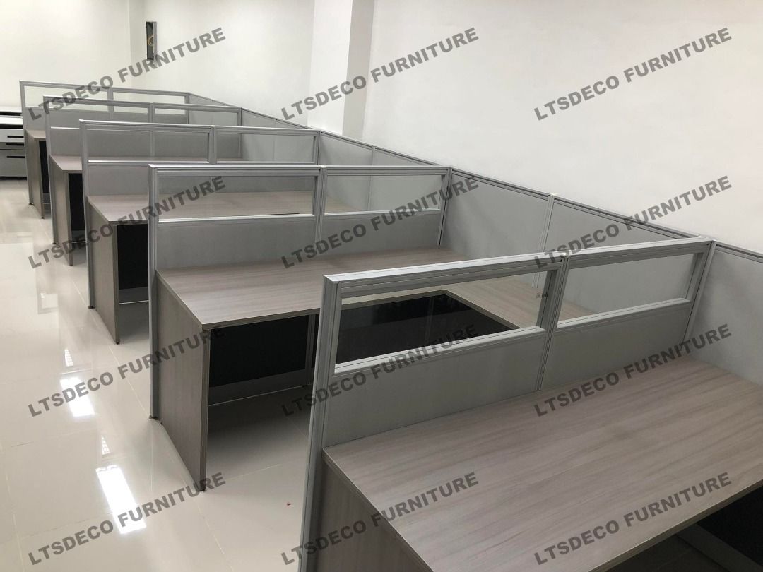 LAMINATED L-SHAPE TABLE WITH FABRIC AND GLASS PARTITION OFFICE ...