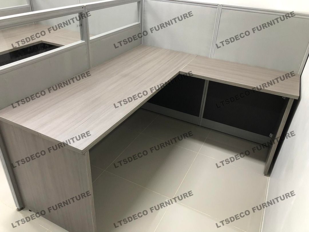 LAMINATED L-SHAPE TABLE WITH FABRIC AND GLASS PARTITION OFFICE ...