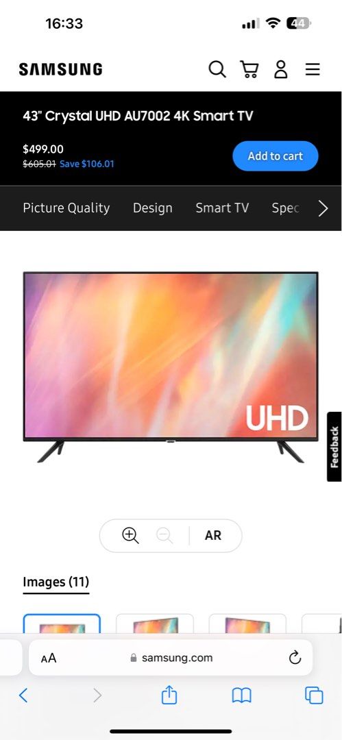 Samsung Smart TV AU7000 43inch, TV & Home Appliances, TV & Entertainment, TV on Carousell