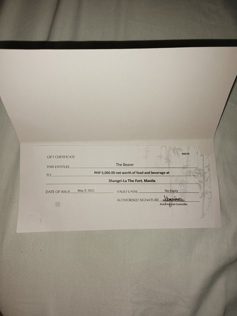 Shangrila BGC Manila gift check including the Boucher foods & beverage ...