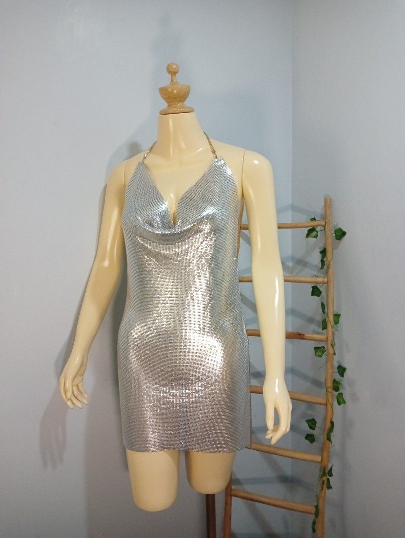 Silver Metallic Dress Metal Chain Sequined Rhinestone Strap Halter ...