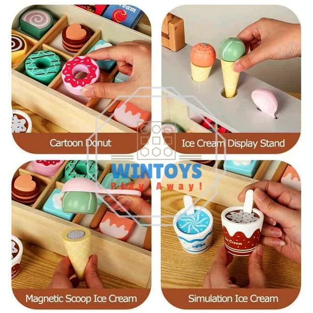 Simulation Ice Cream Shop Set Pretend Play Wooden Montessori Toy Ice ...