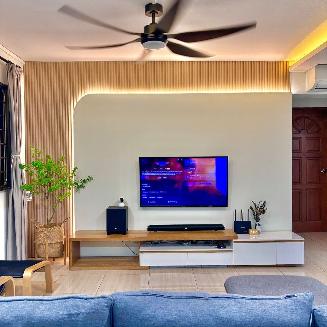 TV console feature wall panel wood strip grille, Furniture & Home ...