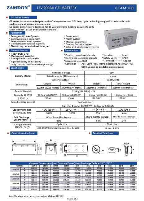 200AH 12V Zamdon Gel Deep Cycle Rechargeable Lead Acid UPS Solar ...