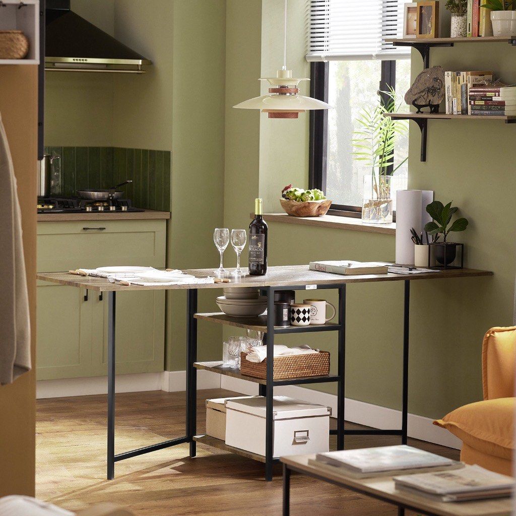 Aesthetic smart industrial design folding dining table with shelves ...