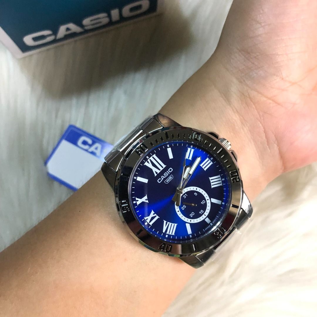 Casio MTP-VD200D-2B Blue Roman Numeral Stainless Steel Analog Quartz ...