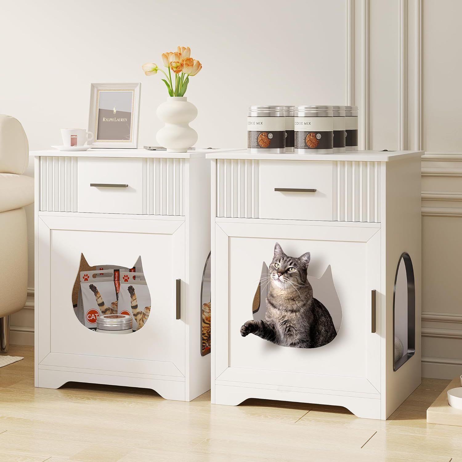 dnbss Cat Litter Box Enclosure Furniture with Drawer, Hidden Cat Box ...