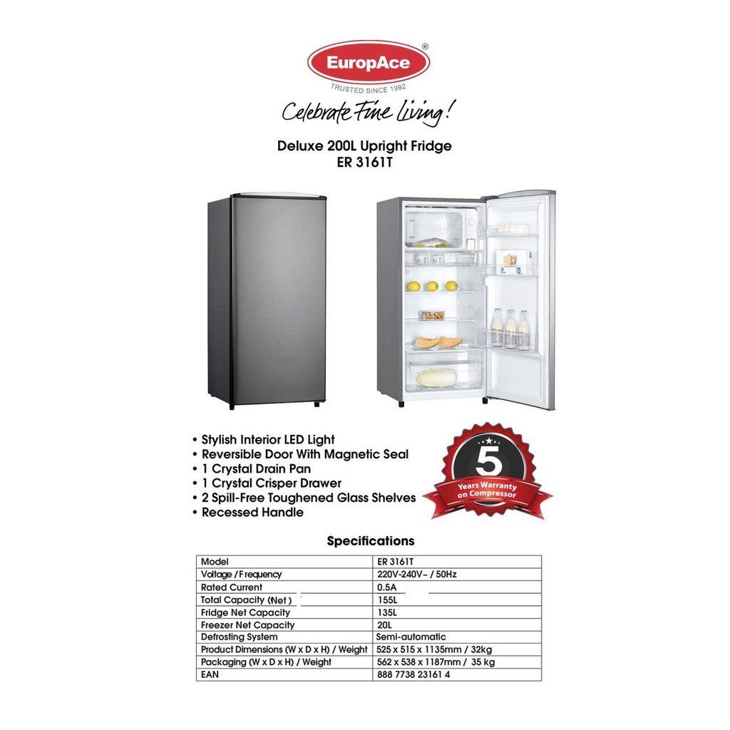 EuropAce 200L Deluxe 1 Door Fridge with Freezer ER 3161T, TV & Home ...