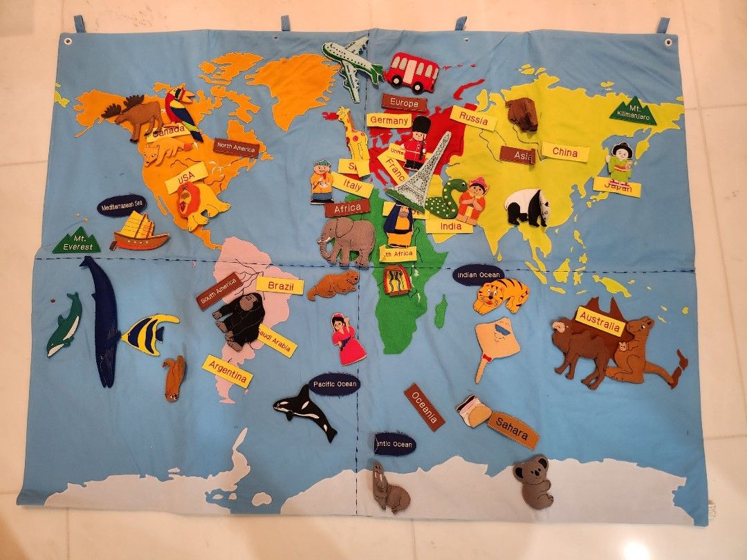 Felt world map for wall, Hobbies & Toys, Toys & Games on Carousell