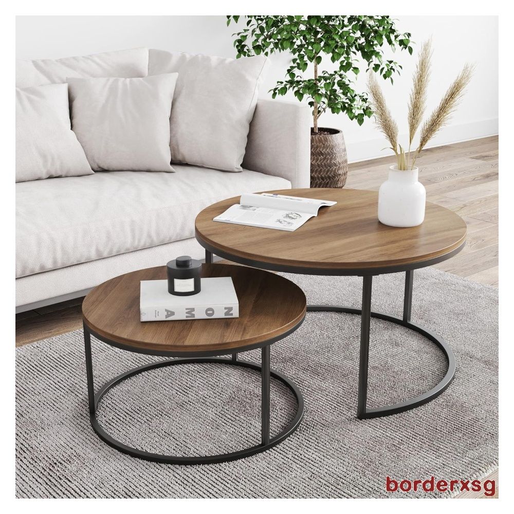 Nathan James Stella Round Modern Nesting Coffee Set of 2 Stacking Living Room Accent Tables with Tabletops and Matte Metal Frame Reclaimed