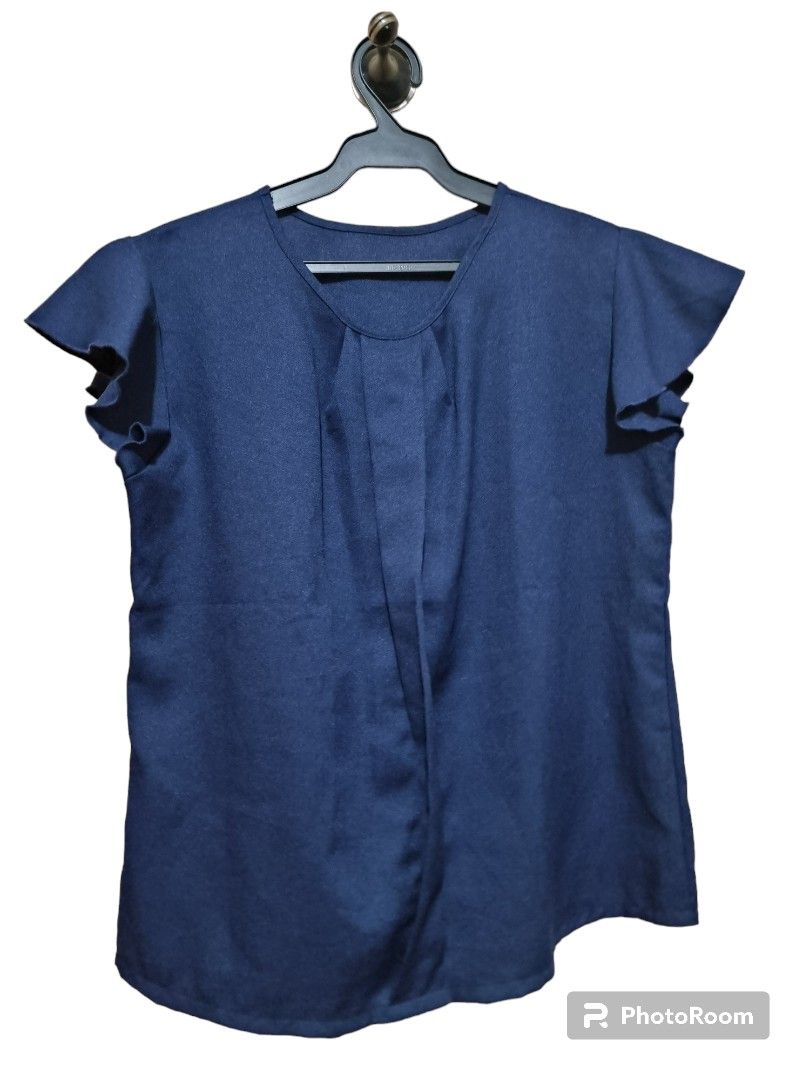 Navy Blue Office Blouse, Women's Fashion, Tops, Blouses on Carousell