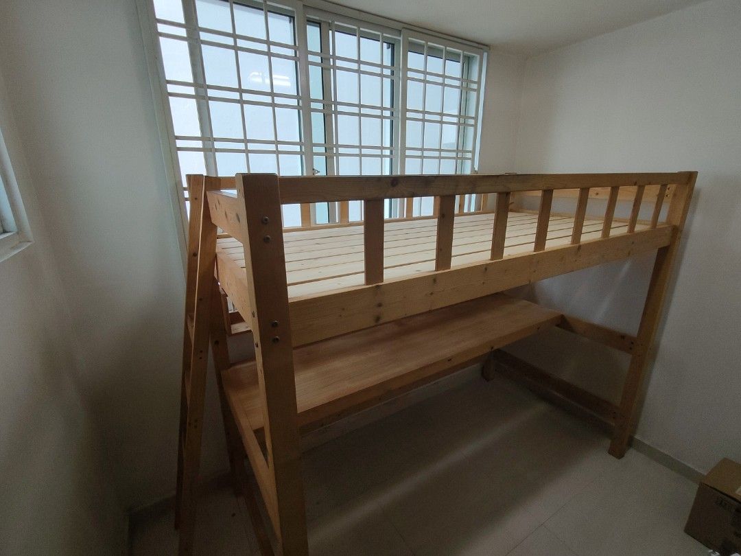 Single with study table double decker solid wood bed frame, Furniture ...
