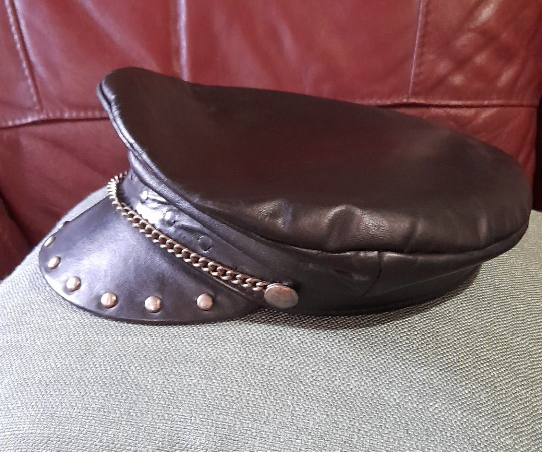 Vintage made in U.S.A. Black leather Captain Bikers hat, Men's Fashion ...