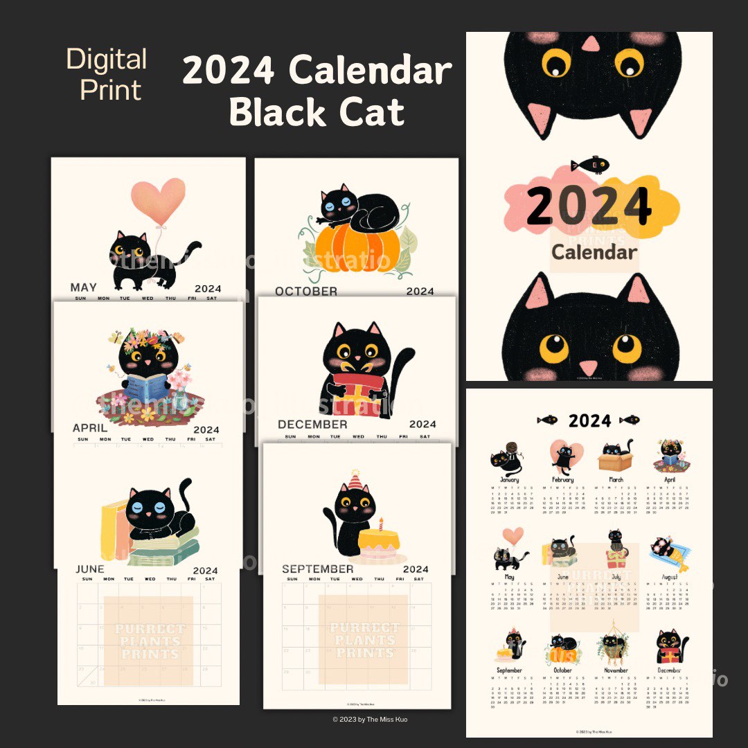 2024 Black Cat calendar, Cat printable monthly calendar, printable ...