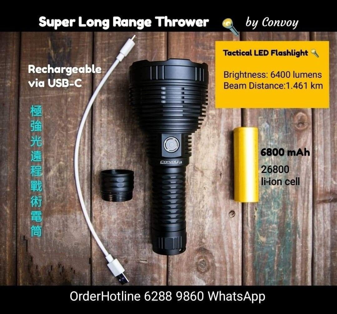 Convoy Super Long Range Thrower Flashlight Torch. 大功率極強光特遠射程手電筒, 運動產品 ...