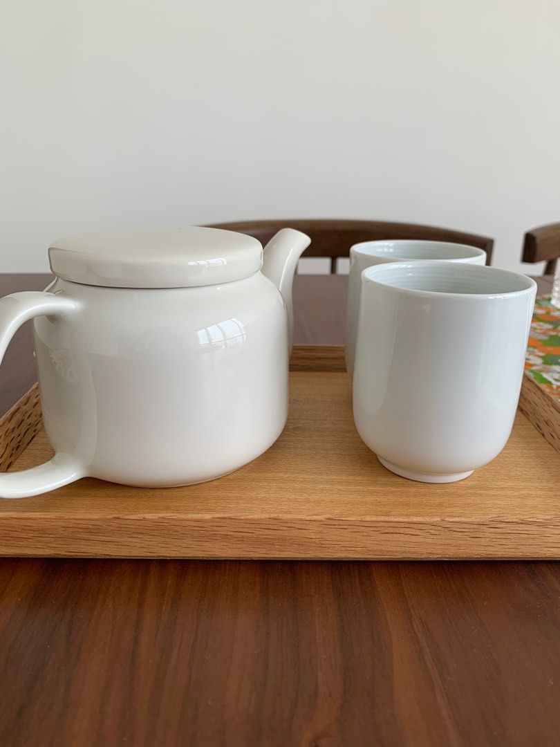 MUJI white porcelain tea set with wooden tray, Furniture & Home Living ...