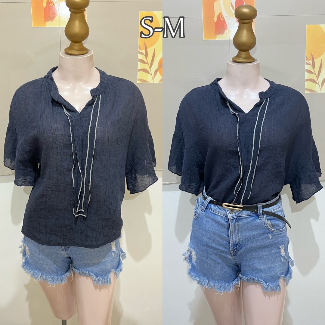 Navy blue formal top, Women's Fashion, Tops, Blouses on Carousell