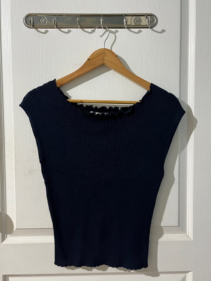 Navy Blue Off-Shoulder Ribbed Knitted Top | y2k basic winter goth ...