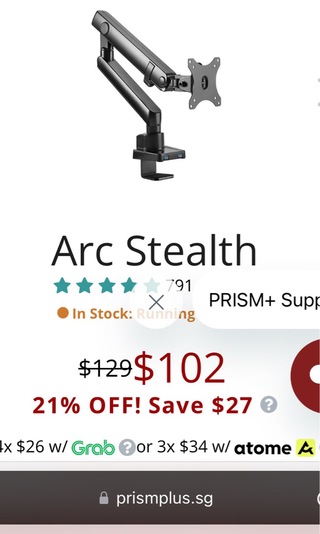 Prism+ Arc Stealth Monitor Arm, Computers & Tech, Parts & Accessories ...