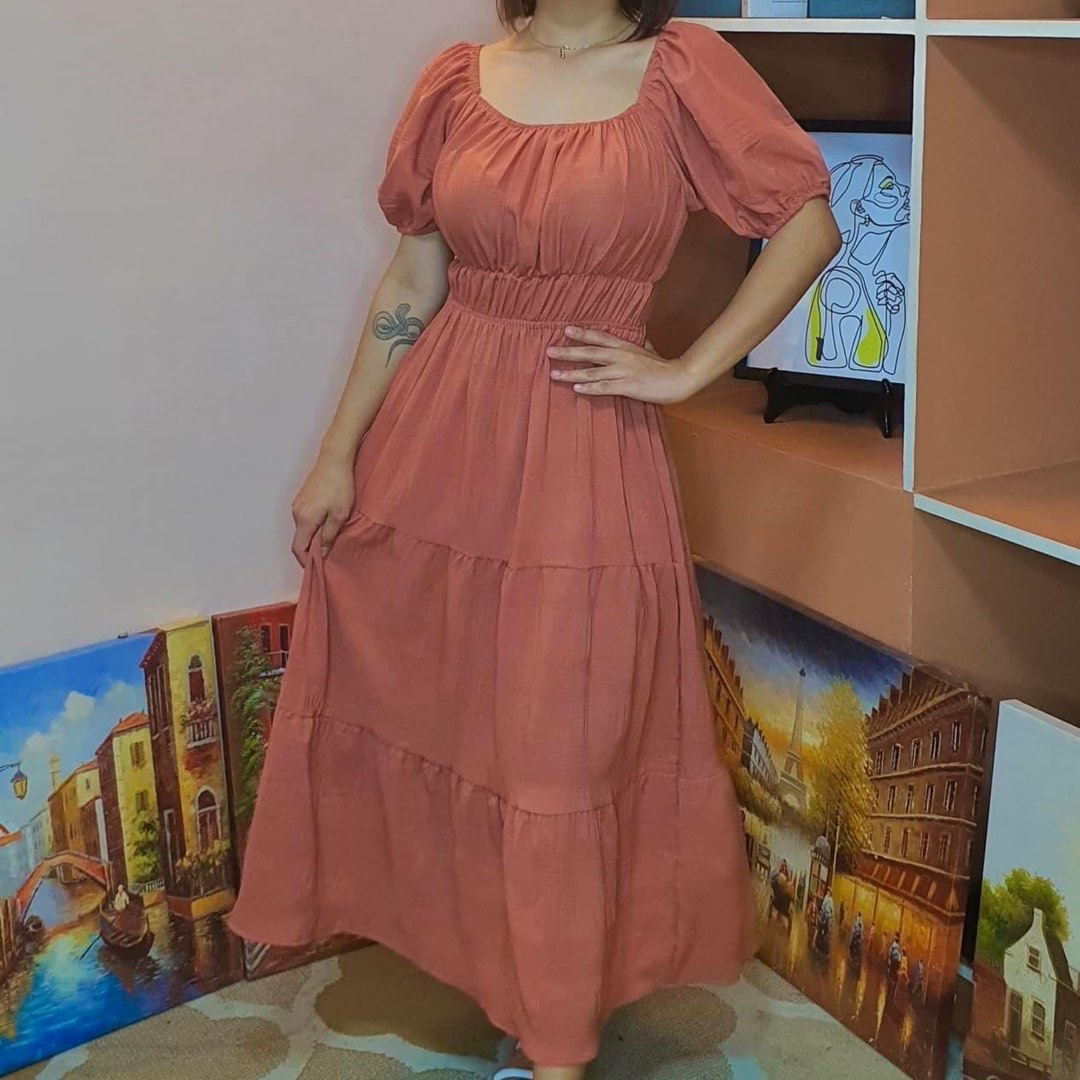 PUFF SLEEVE CORAL RUST ORANGE MAXI MIDI DRESS, Women's Fashion, Dresses & Sets, Dresses on Carousell