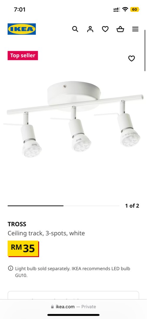 (2 Sets) IKEA Tross Ceiling Track 3 Spots, Furniture & Home Living ...