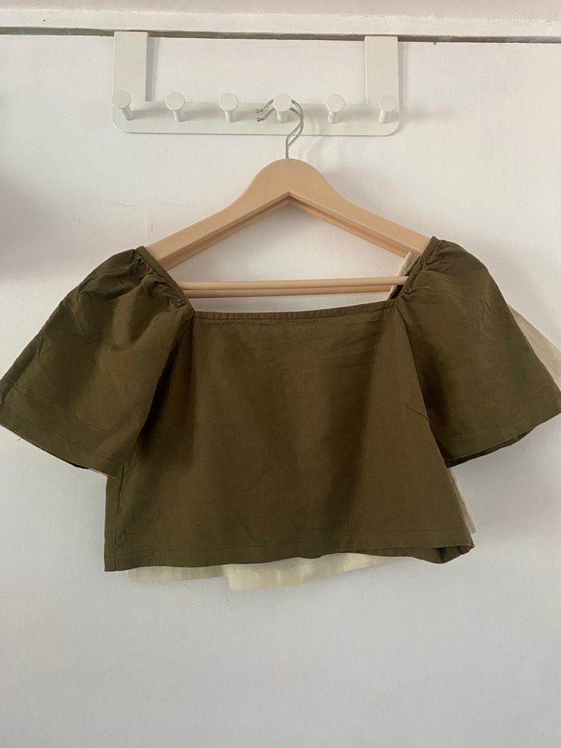 Artisanat Lucy Top in Olive Green (Linen Puff Sleeve), Women's Fashion ...