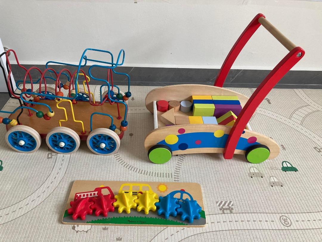 Assorted Toys (wooden push cart with blocks, beads, foldable slides etc ...