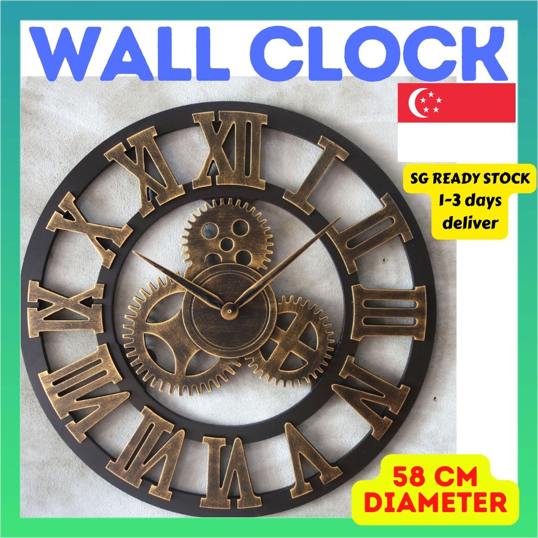 [BIG 58 CM CLOCK] RETRO INDUSTRIAL GEAR WALL CLOCKS METAL WROUGHT IRON ...
