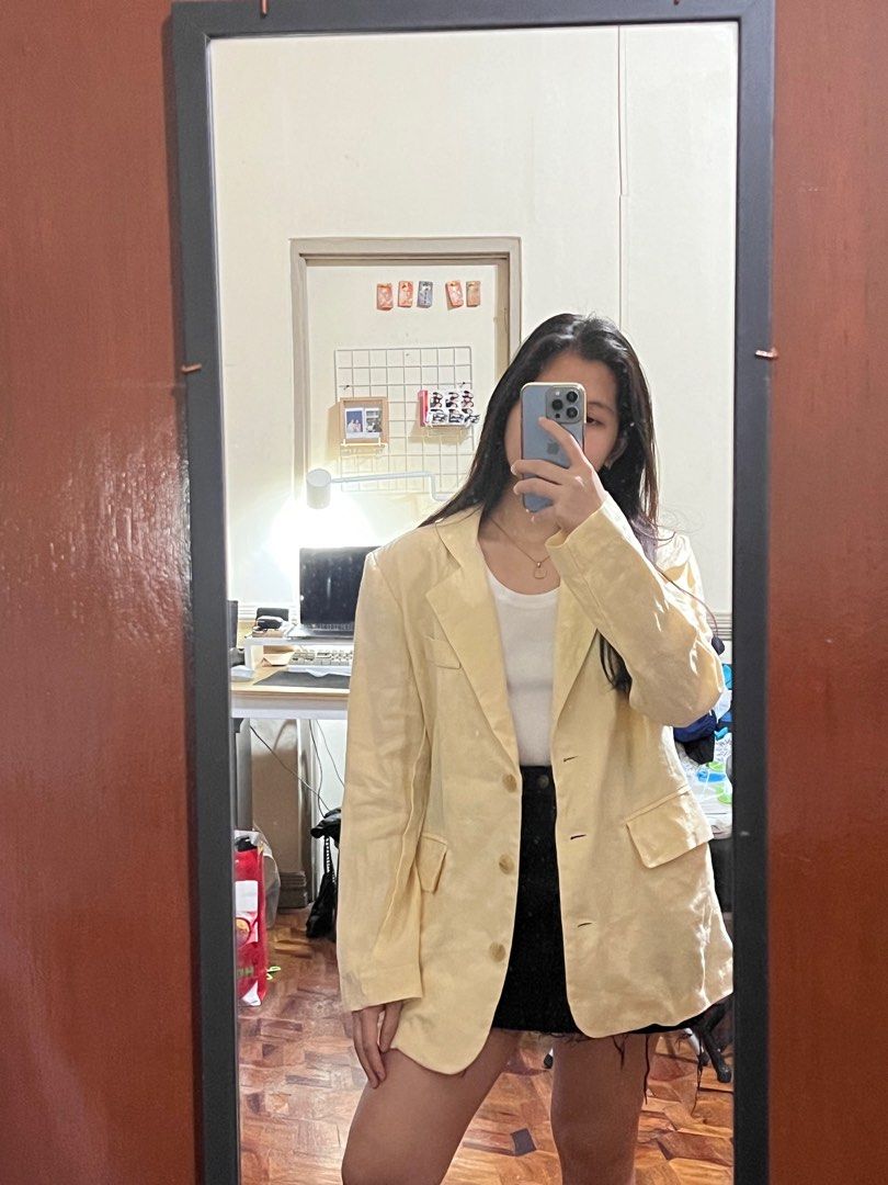 Blazer Pastel Yellow Linen Coat , Women's Fashion, Coats, Jackets and ...