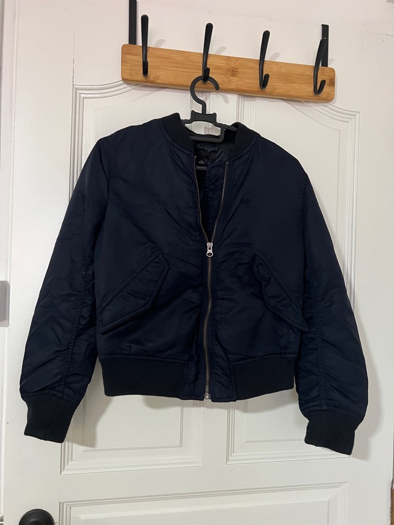 Dark Blue Bomber Jacket, Women's Fashion, Coats, Jackets and Outerwear ...