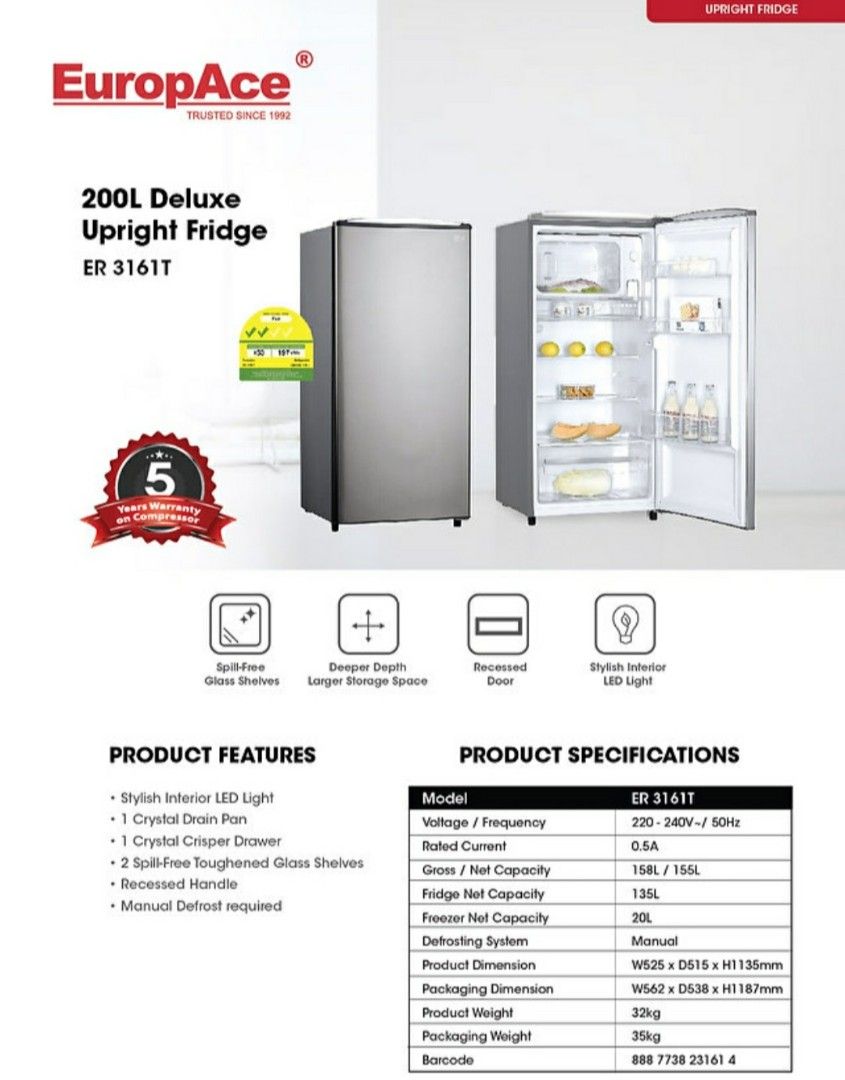 EuropAce Deluxe Upright Fridge (200L) - ER 3161T, TV & Home Appliances ...
