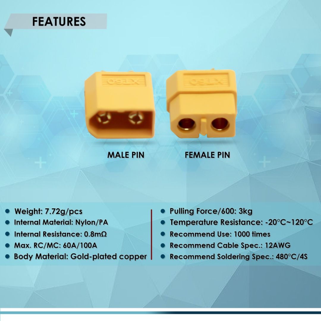 XT60 CONNECTOR MALE and FEMALE (2-PCS/1-PAIR), 60A GOLD-PLATED BATTERY ...