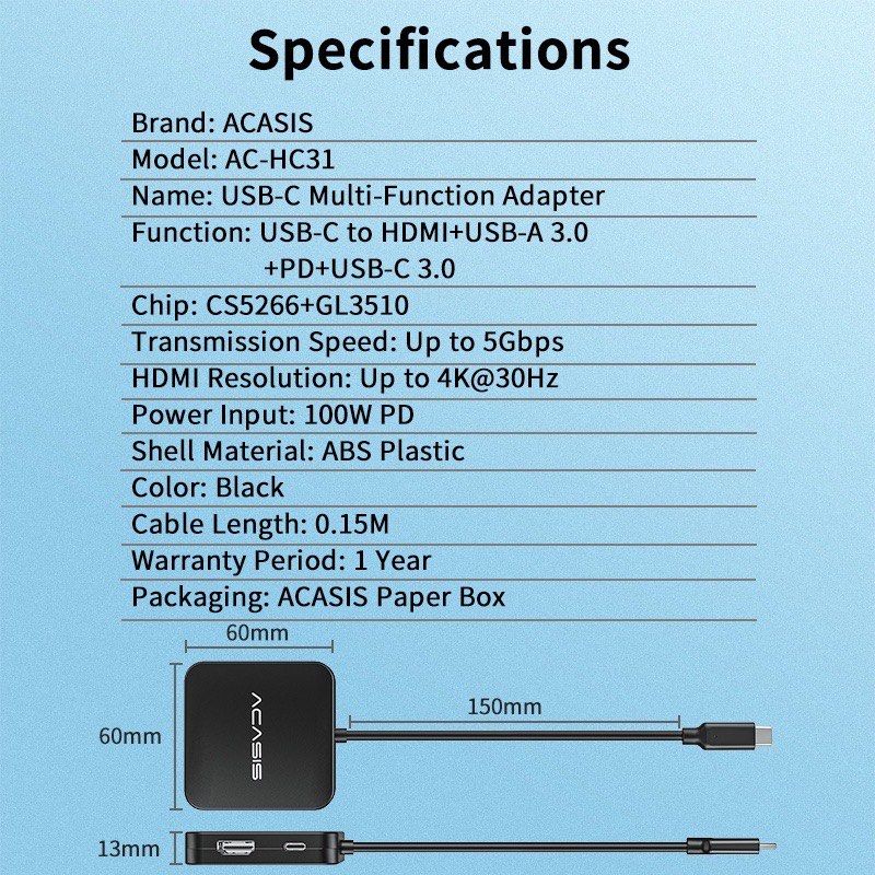 ACASIS 6-in-1 USB Type-C to HDMI HUB with PD100W Fast Charging USB 3.0 ...