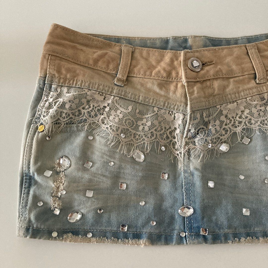 beige blue gradient rhinestone mini skirt y2k lace fairycore ...