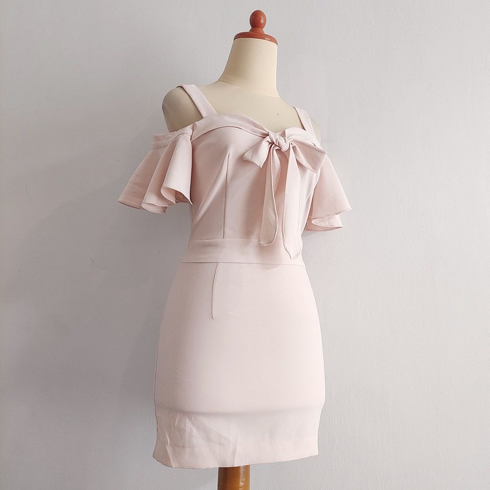 DRESS SEYUN KOREA cream mini coksu brown off shoulder sabrina pita ...