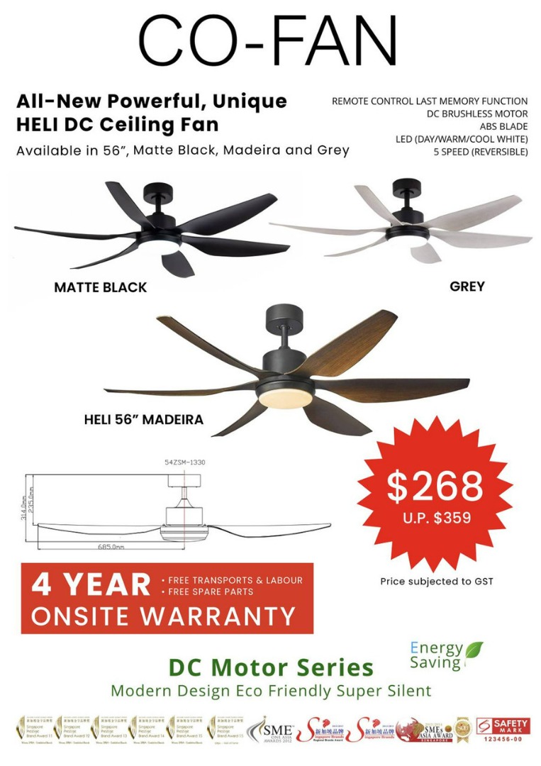 Fanco HELI Ceiling fan in Matt Black / Grey/ Madeira, Furniture & Home ...