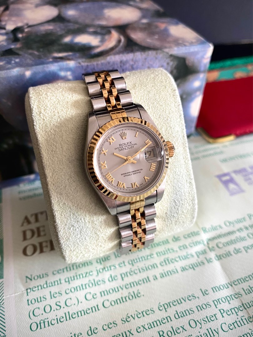 *Full complete set* Rolex Oyster Perpetual 26mm half gold sunburst grey ...