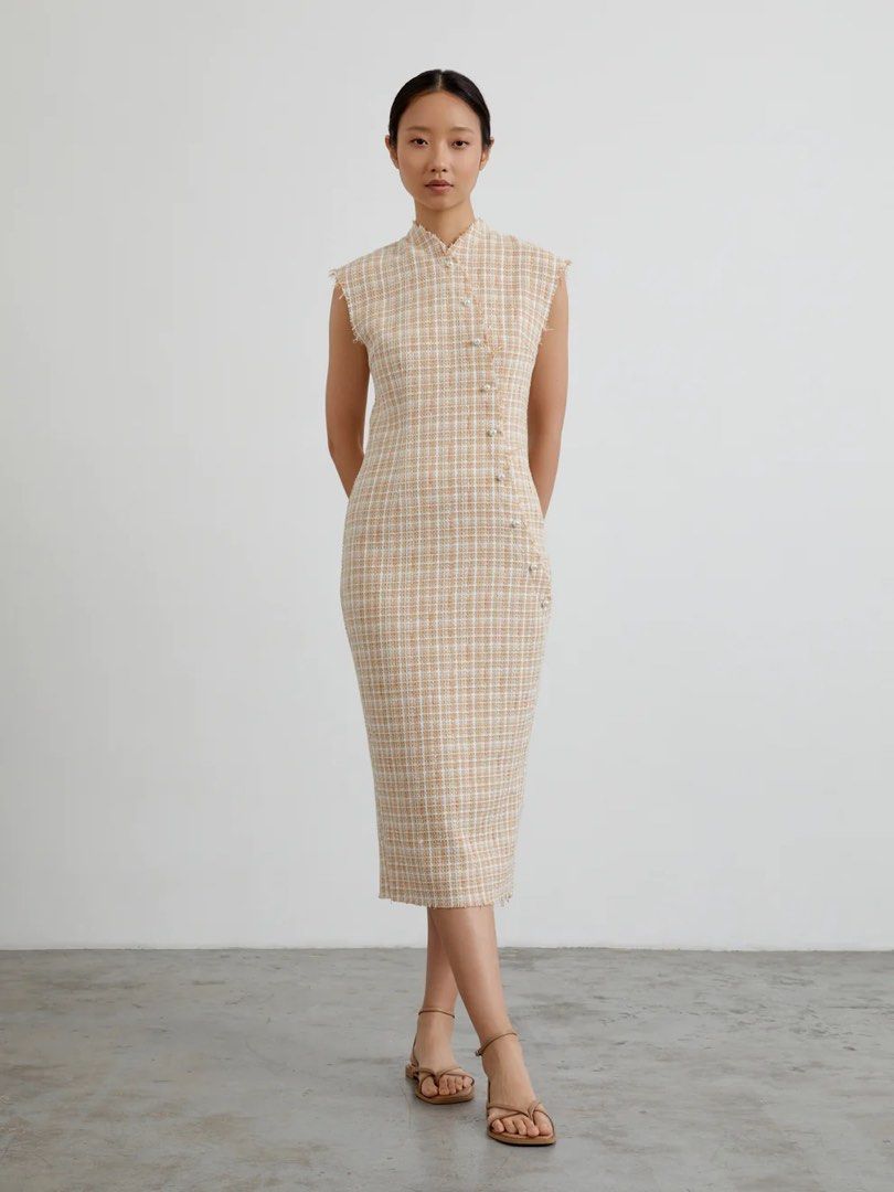 GOOD ADDITION Midi Tweed Cheongsam Dress, Women's Fashion, Dresses ...