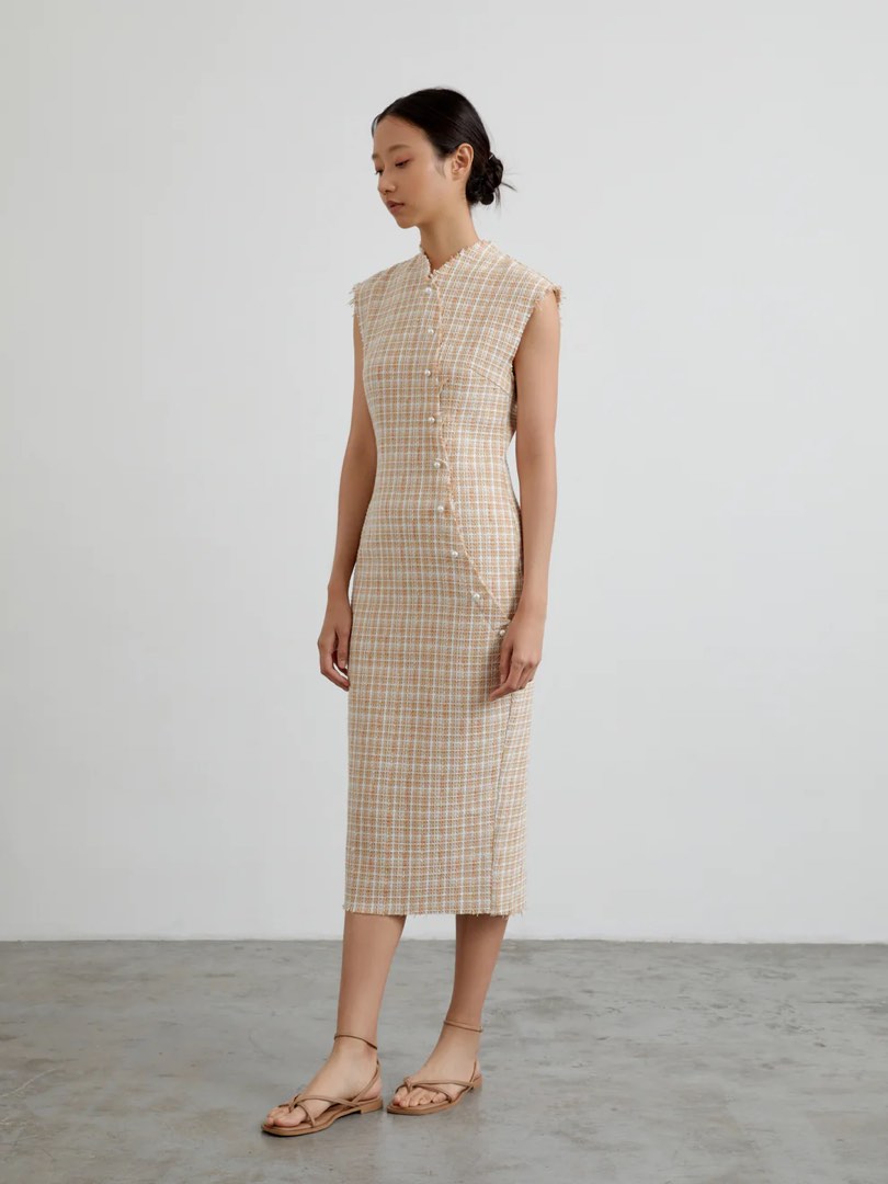 GOOD ADDITION Midi Tweed Cheongsam Dress, Women's Fashion, Dresses ...
