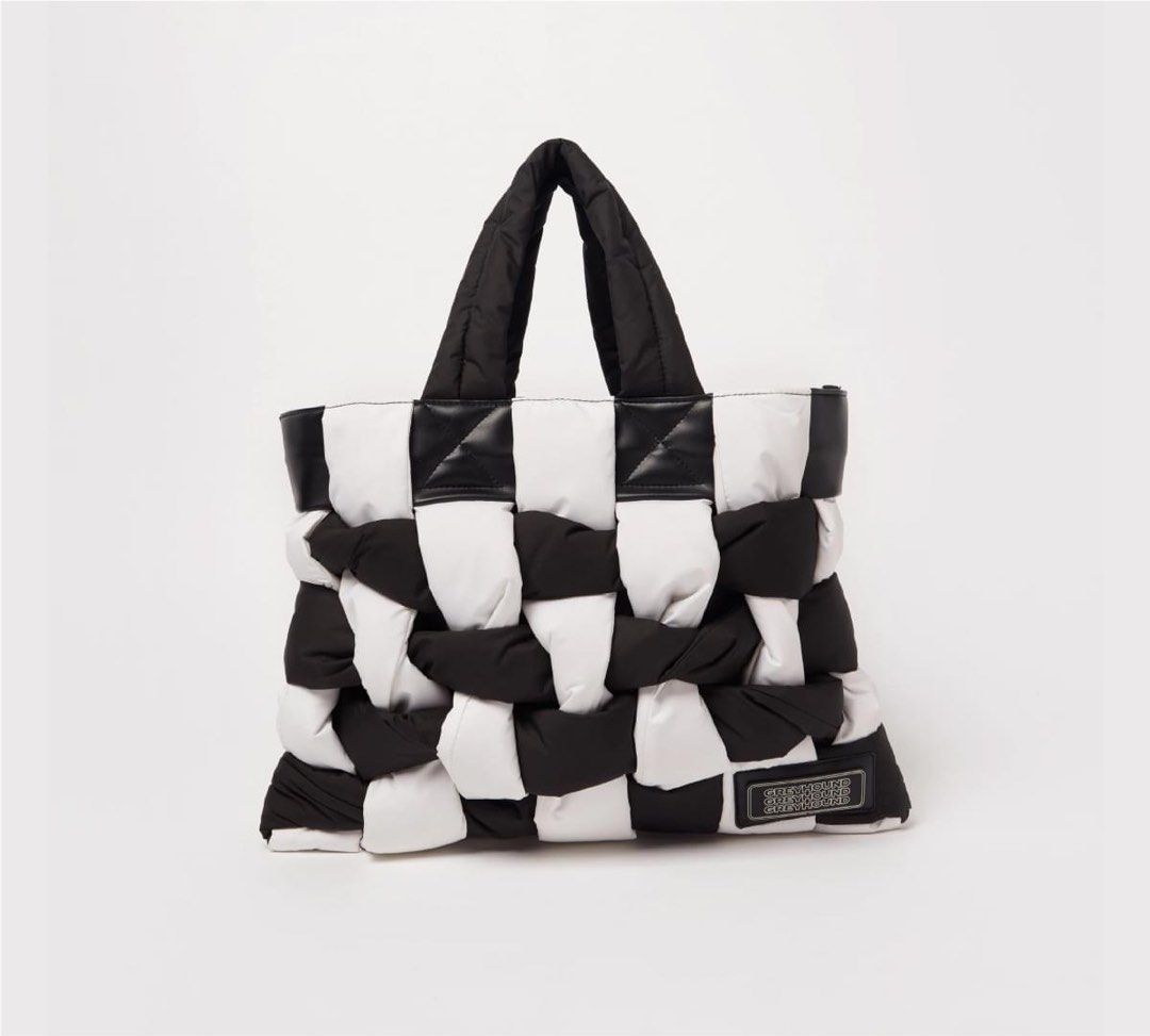 Greyhound Puffer Bag Black White Checkered Tote Shoulder Bag, Women's ...