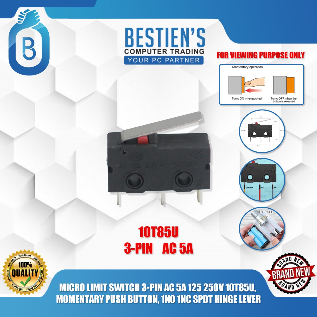 MICRO LIMIT SWITCH 3-PIN AC 5A 125 250V 10T85U, MOMENTARY PUSH BUTTON ...