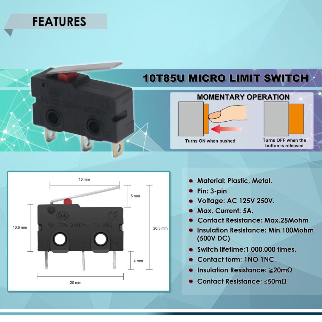 MICRO LIMIT SWITCH 3-PIN AC 5A 125 250V 10T85U, MOMENTARY PUSH BUTTON, 1NO 1NC SPDT HINGE LEVER ...