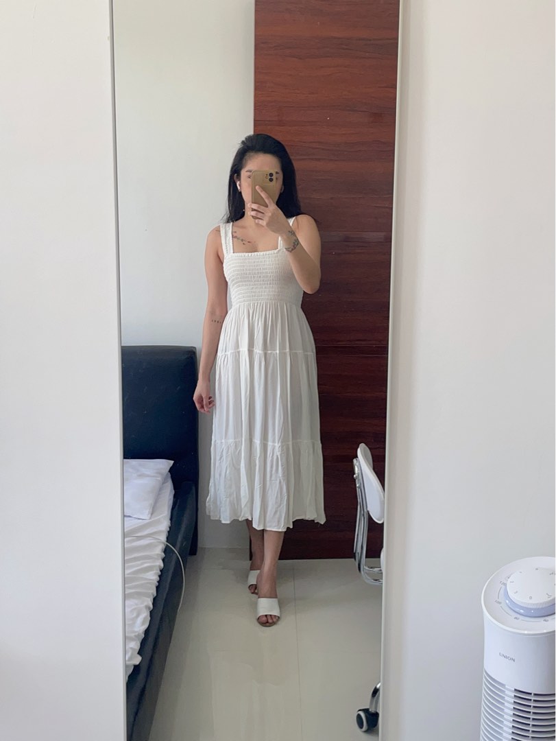 Smocked White Midi Dress, Women's Fashion, Dresses & Sets, Dresses on ...